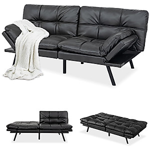 MUUEGM Faux Leather Futon Sofa Bed, Convertible Memory Foam Couch Bed, Modern Love Seat for Living Room,Compact Space,Apartment,Office,Adjustable Backrests Armrests Couch Sleeper,71" Matte Black