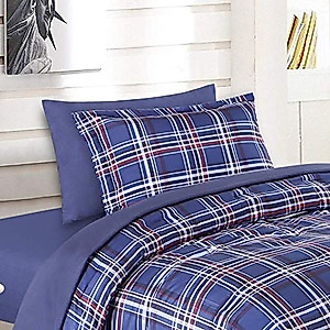 EMME Twin Bed in A Bag 5-Piece, Blue Plaid Twin Comforter Set with Sheets, Brushed Microfiber Down Alternative Bedding Set, Soft and Comfortable Bed Set for All Season (Twin/Twin XL, Blue Plaid)