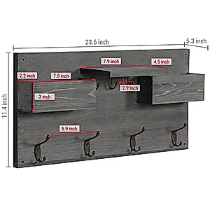 MyGift Wall Mounted Vintage Gray Solid Wood Mail and Key Holder Organizer Rack with Antique Key Hooks, Display Shelf and Letter Storage Bins, Entryway Family Command Center