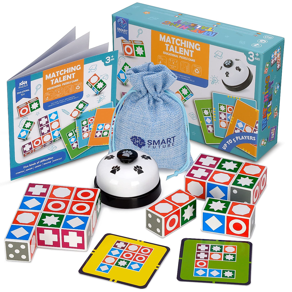 Funtactics Wooden Matching Game Puzzle 3.0 Games, Pattern Block Match Puzzles Building Cubes with Bell for Kids and Adults Toys Board Games for Family Night 5 Players