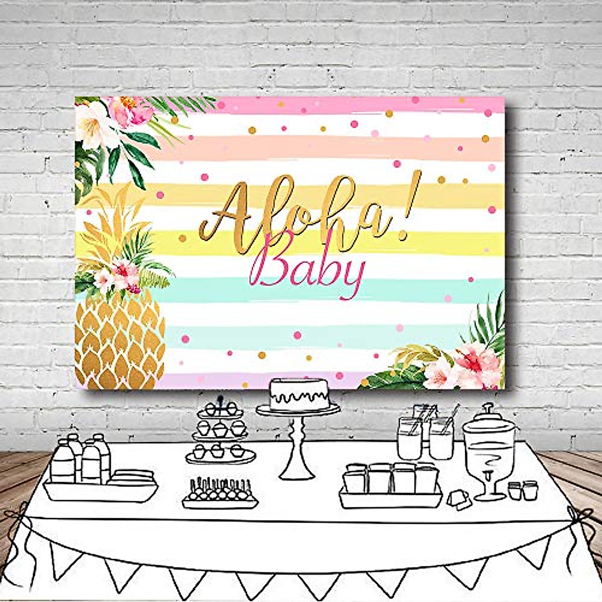 MEHOFOND Aloha Girl Baby Shower Backdrop Confetti Colorful Stripes Summer Tropical Hawaiian Luau Party Beach Seaside Pineapple Floral Background for Photography Photo Booth Banner 7x5ft