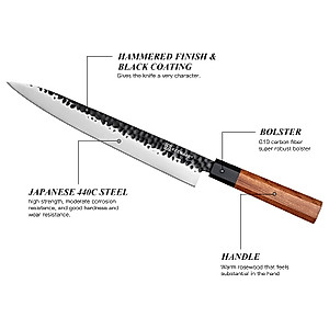 KEEMAKE Sushi Knife 10 inch, Sashimi Knife with 440C Stainless Steel Blade Yanagiba Knife, Japanese Sushi Knife with G10 Bolster and Octagonal Rosewood Handle Carving Knife with Gift Box
