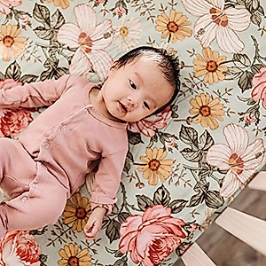 Fitted Crib Sheet - Garden Floral Pattern Design, Woven 100% Cotton (Sea Foam, Regular (28x52x9) in)