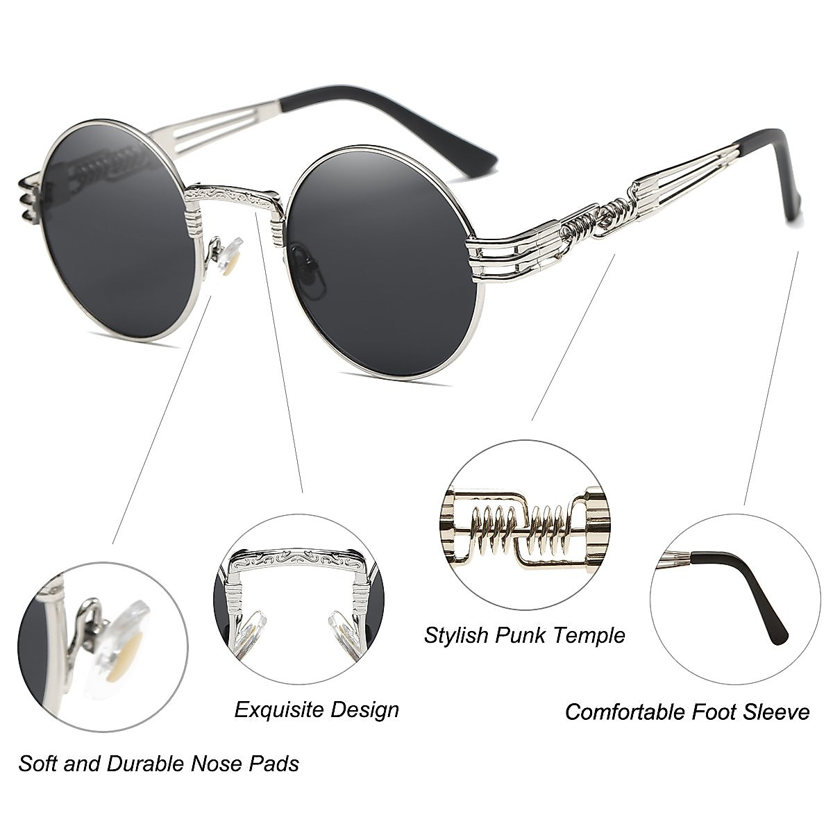 Dollger Round Sunglasses Steampunk Metal Classic Frame Mirror Lens(C1:Black Lens+ Silver Frame)