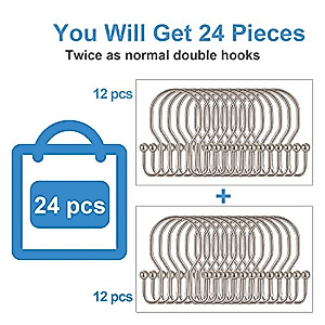 24 Pack Double Shower Curtain Hooks Rings, TENOVEL Double Sided Shower Curtain Hooks Rust Proof for Shower Curtain, Stainless Steel Bathroom Shower Hangers Rings for Shower Rods, Brushed Nickel