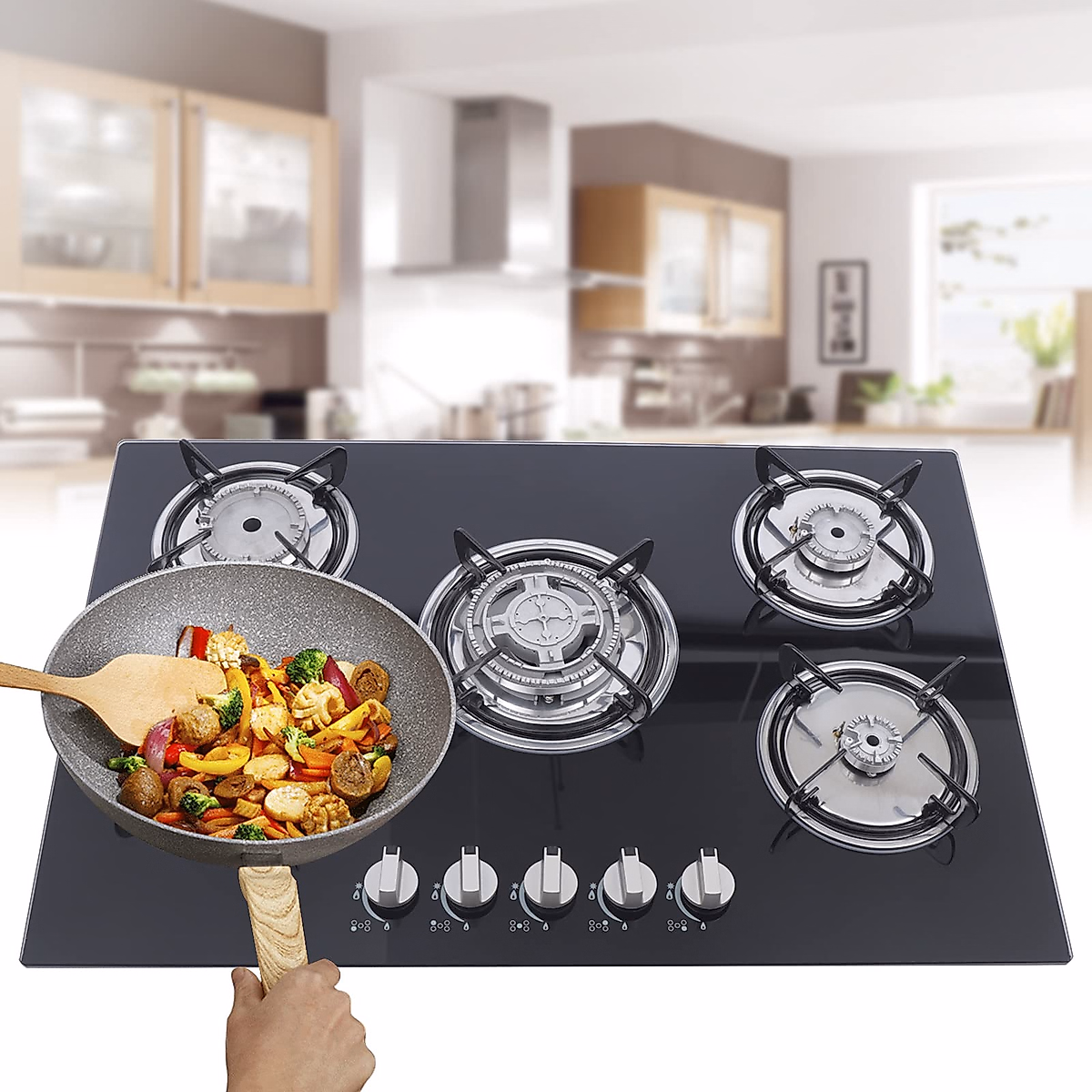 TFCFL 30'' Gas Cooktop Tempered Glass Built in Gas Stove 5 Burners, Gas Stoves Cooktop Cast Iron Grate Stove-Top LPG/NG Easy to Clean for Kitchen (30" 5 Burners)