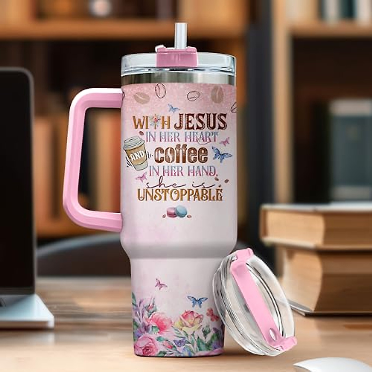 99OWL Insulated Handle Men Primrose Flower Camelia Butterfly Religious Women Yellow Simple Tumblers, Christian Gifts, Tumbler 40 Oz With Handle Lid And Straw, Jesus And Coffee Floral
