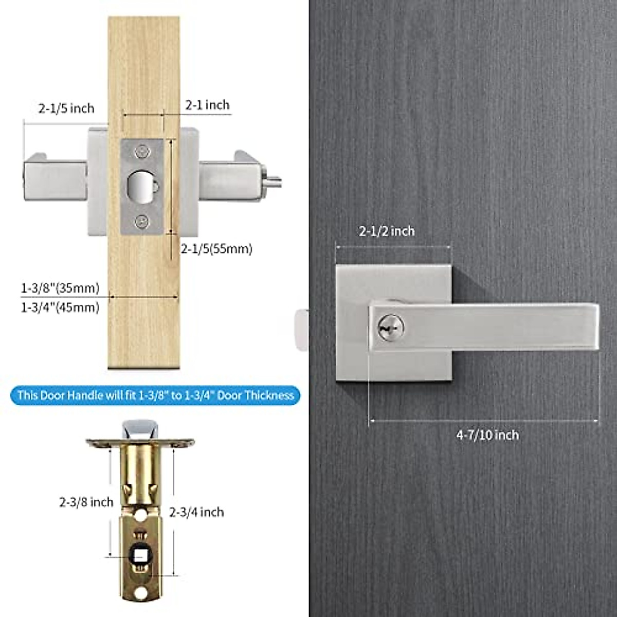 E-Home Hardware Entry/Entrance Door Handles with Locks and Same Keys for Front Exterior Door Use, Square Satin Nickel Finish Keyed Alike Door Levers Knobs for Right/Left Handed Doors, Combo Pack of 5