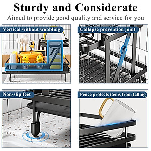 Dish Drying Rack - Large 2 Tier Dish Racks for Kitchen Counter, Collapsible Dish Drainer with Utensil Holder for Dishes, Knives, Spoons and Forks, Black