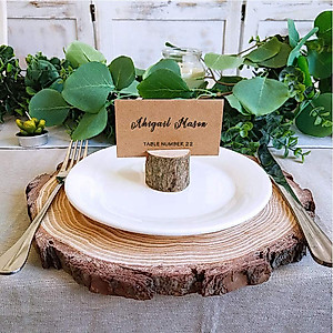 whatUneed 40 Sets Place Card Holders, Rustic Real Wood with Wooden Bark Table Card Holder, Number Photo Stand Place Name Memo Card Holder for Wedding Party (40 Holders+40 Kraft Place)