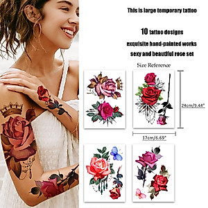 ROARHOWL Stunning rose flower temporary tattoos, large rose fake tattoos for women,rose tattoo set (Rose 1)