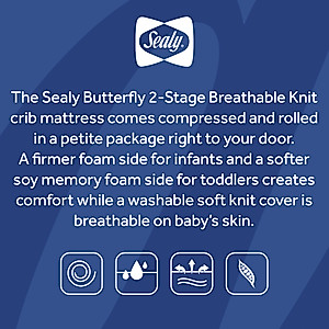 Sealy Baby Butterfly 2-Stage Breathable Waterproof Baby Crib Mattress & Toddler Bed Mattress, Washable Cover, Premium American Foam, GREENGUARD GOLD Certified for Safety, Made in USA, 52"x28"