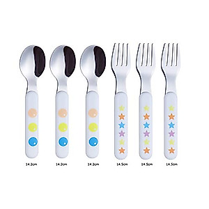 ANNOVA Kids Silverware 6 Pieces Stainless Steel Children's Flatware Set 3 x Forks, 3 x Dinner Spoons Plastic Handle, Toddler Utensils Without Knives, for Babies, Infants BPA Free - Dots Stars