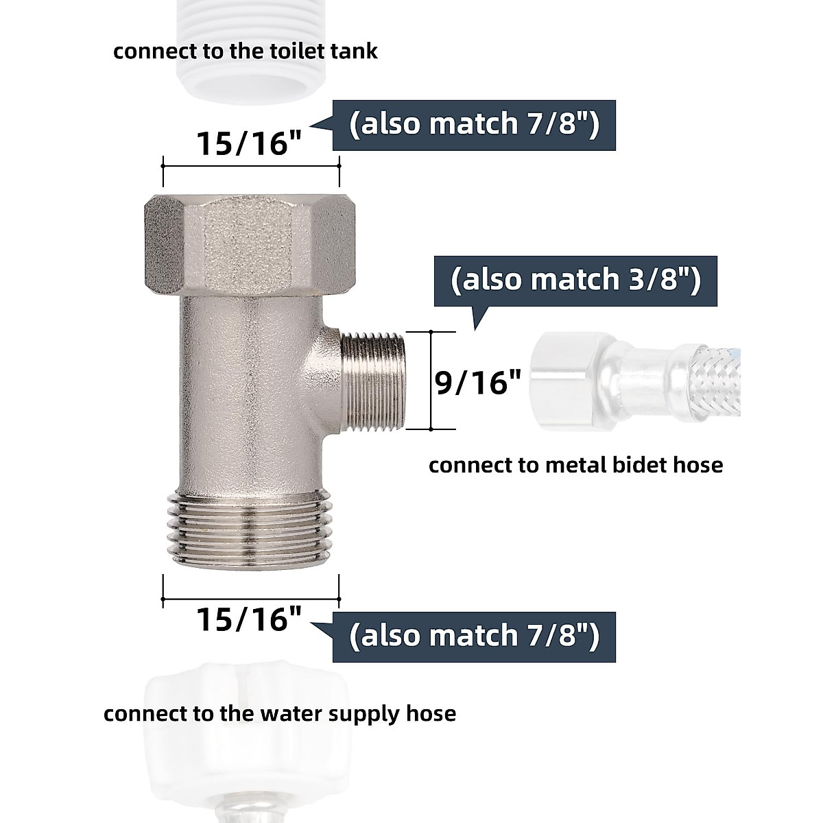 Hibbent Bidet T Adapter, Metal T Valve for Bidet(7/8” x 7/8” x 3/8”), 3 Way Tee Connector Bidet Attachment for Toilet