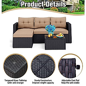 PHI VILLA Patio Sofa Set,3 Pieces All-Weather Upgrade Wicker Outdoor Sectional Sofa,L-Shaped Small Patio Conversation Furniture Set with Cushion and Coffee Table(Beige)