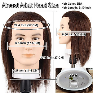 Newshair Male Mannequin Head with 100% Human Hair Haircut Training Head with Thick Hair Hairdresser Manikin Head Doll Head for Hair Styling and Practice Handsome Face Adult Head Size (8-10Inch 3B#)