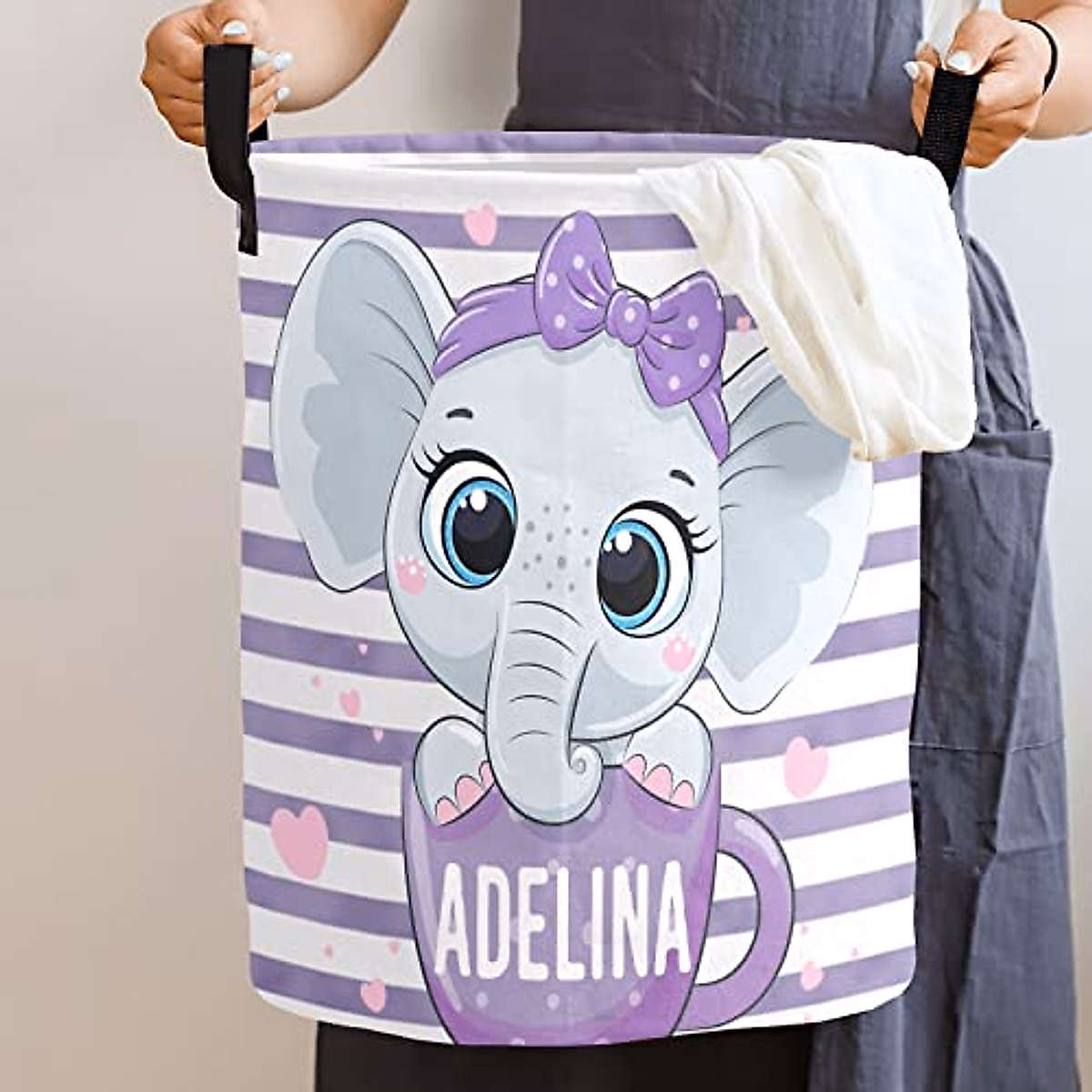 Personalized Baby Laundry Basket for Boys Girls Custom Laundry Hamper with Handle Collapsible Organizer Storage Bathroom Living Room Bedroom Decor (Baby elephant)