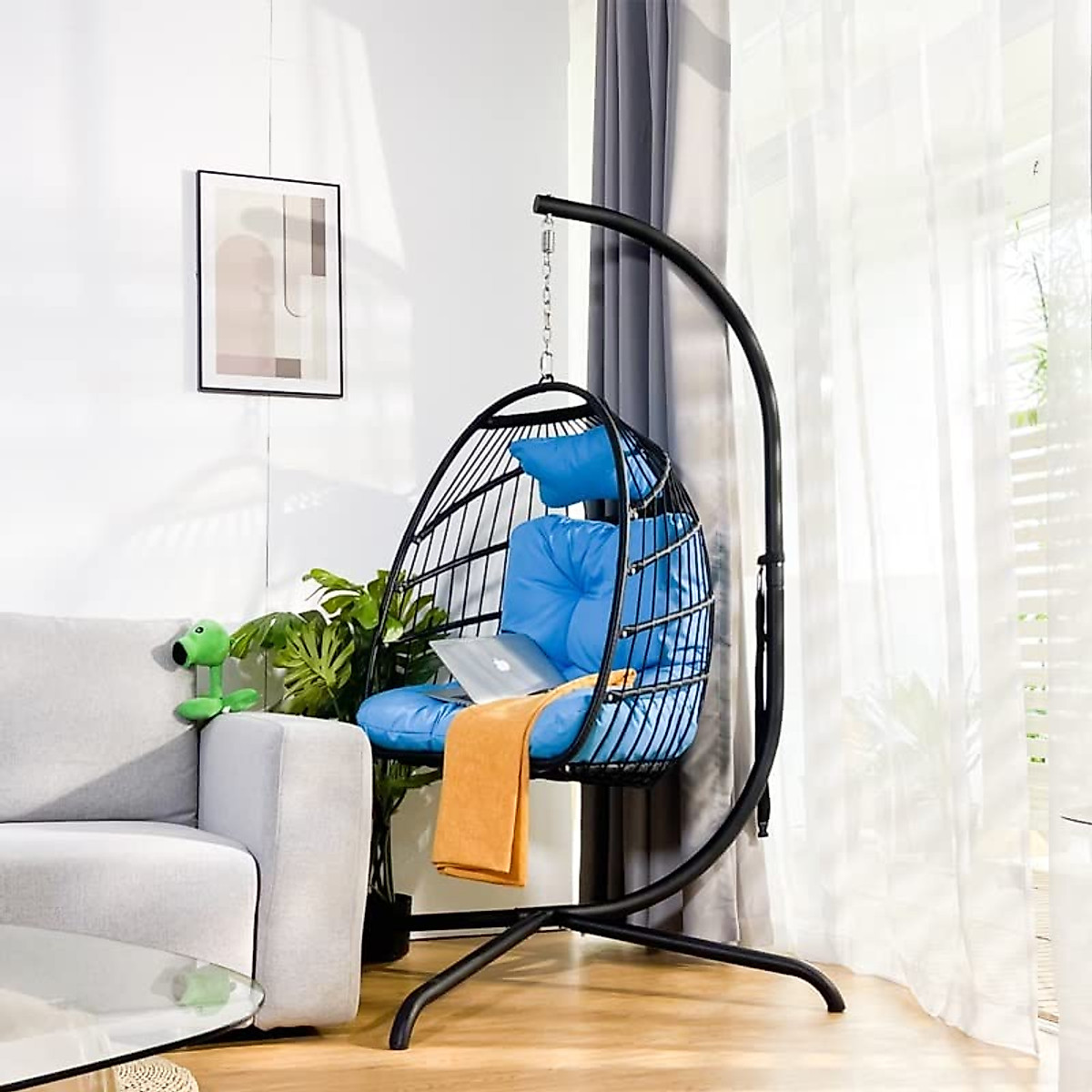 WYKDD Outdoor Indoor Rattan Swing Egg Chair, Folding Hanging Chair with C-Bracket, with Cushion and Pillow