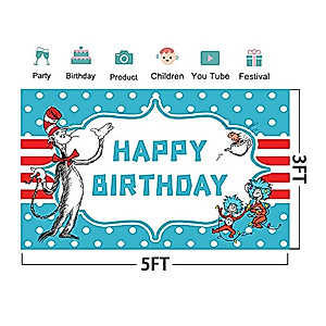 Blue Backdrop for Birthday Party Decorations Dr Seuss Background for Baby Shower Party Cake Table Decorations Supplies Cat in The Hat Theme Banner 5x3ft