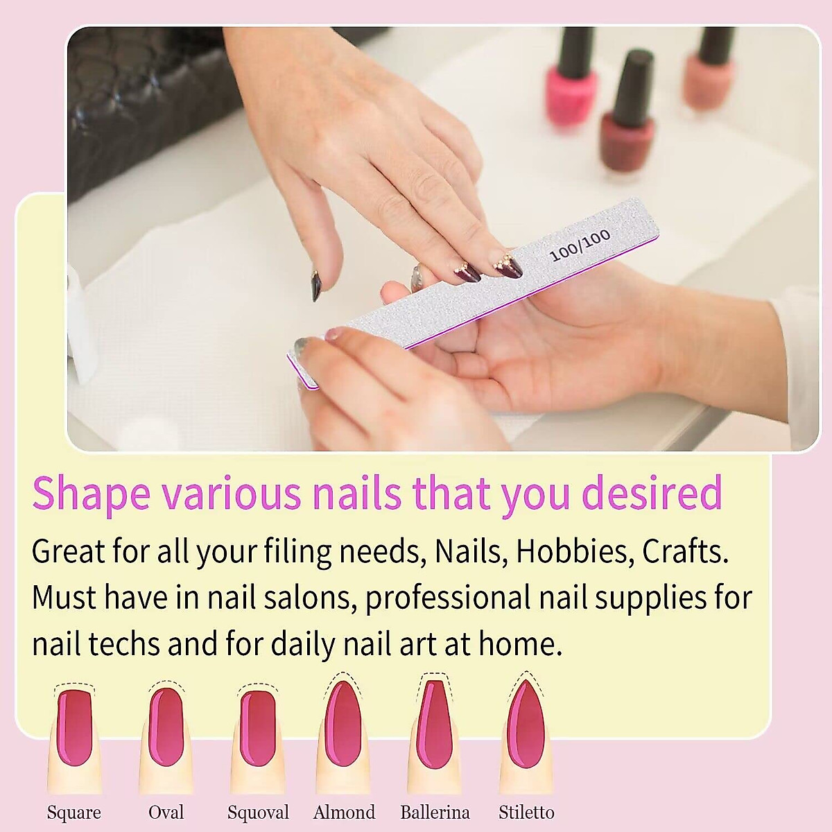 Nail File 100/180 Grit Professional Reusable 12 PCS Double Sides Washable Nail Files for Acrylic and Natural Nails Manicure Tools Suit for Home Salon