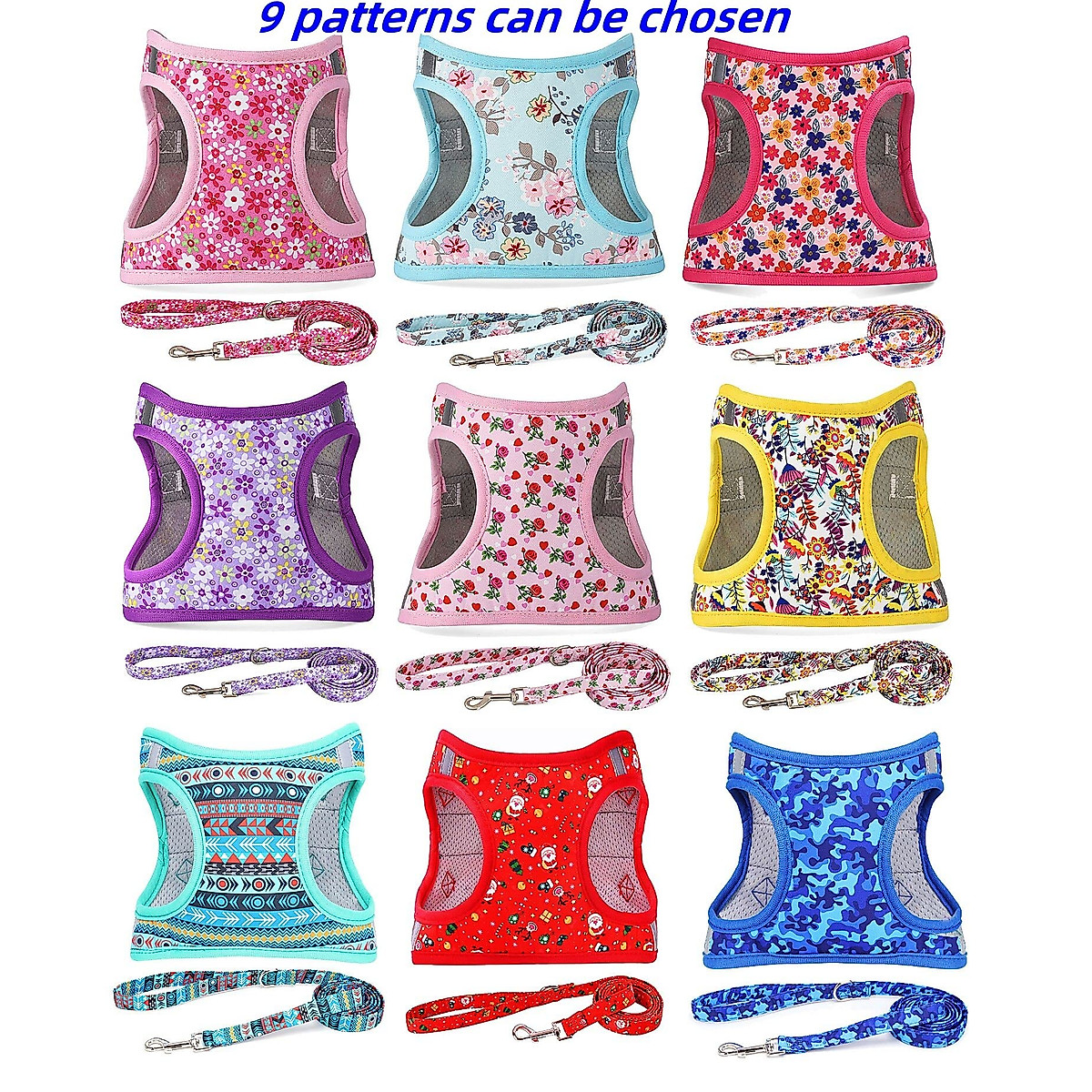 Moonpet Step in Air Dog Harness Leash Set- All Weather Reflective No-Pull Floral Pattern Padded Mesh Vest Harness for Cats Puppy Extra-Small Small Medium Large Dogs - Pink Flower - XXS