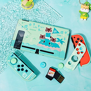 DLseego Protective Case Design for Switch Model, Newest Pattern Animal Crossing Design Cover Case with 2 Pcs Glass Screen Protectors and 4 Pcs Cute Thumb Grip Caps Green Accessories Set