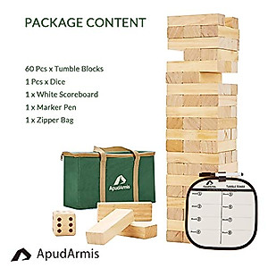 ApudArmis 60 PCS Giant Tumble Tower, (Stack up to 5Ft) Pine Wooden Stacking Timber Game with 1 Dice Set - Classic Block Giant Outdoor Game for Kids Adults Family