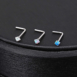 ZS 6 Pieces Opal Nose Studs 20 Gauge Nose Pin Blue Nose Piercing Stud Stainless Steel Nose Stud Retainer L-Shape (6PCS L-shaped Nose Rings)