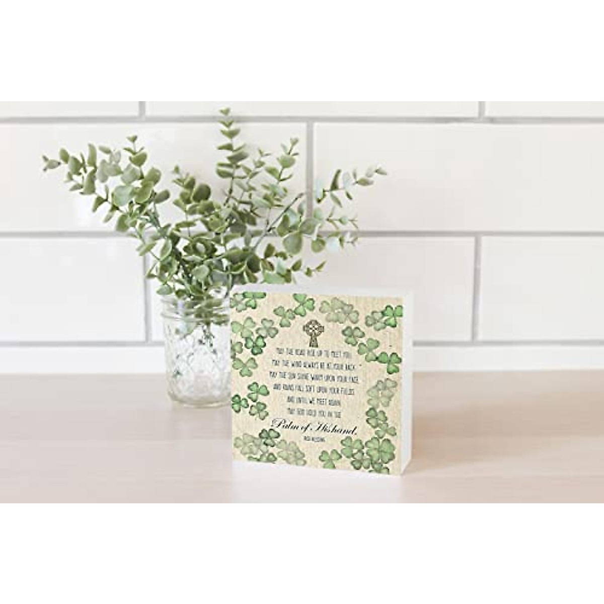 Elanze Designs Irish Blessing Green Shamrock Textured Tan 5 x 5 Wood Tabletop Sign Plaque