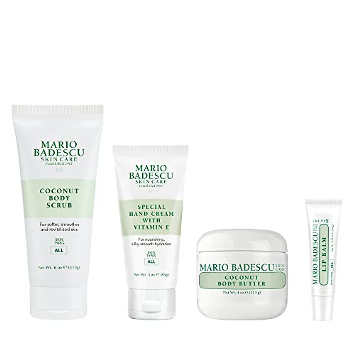 Mario Badescu Best of Body Essentials 4 Piece Kit, Skincare Gift Set Includes Lip Balm, Coconut Scrub, Coconut Body Butter & Special Hand Cream With Vitamin E