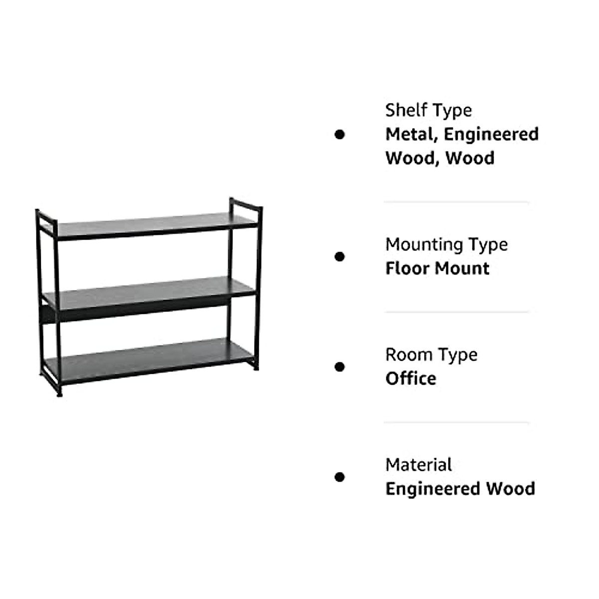 Household Essentials 3 Tier Wide Book Shelf, Medium, Black Oak Finish