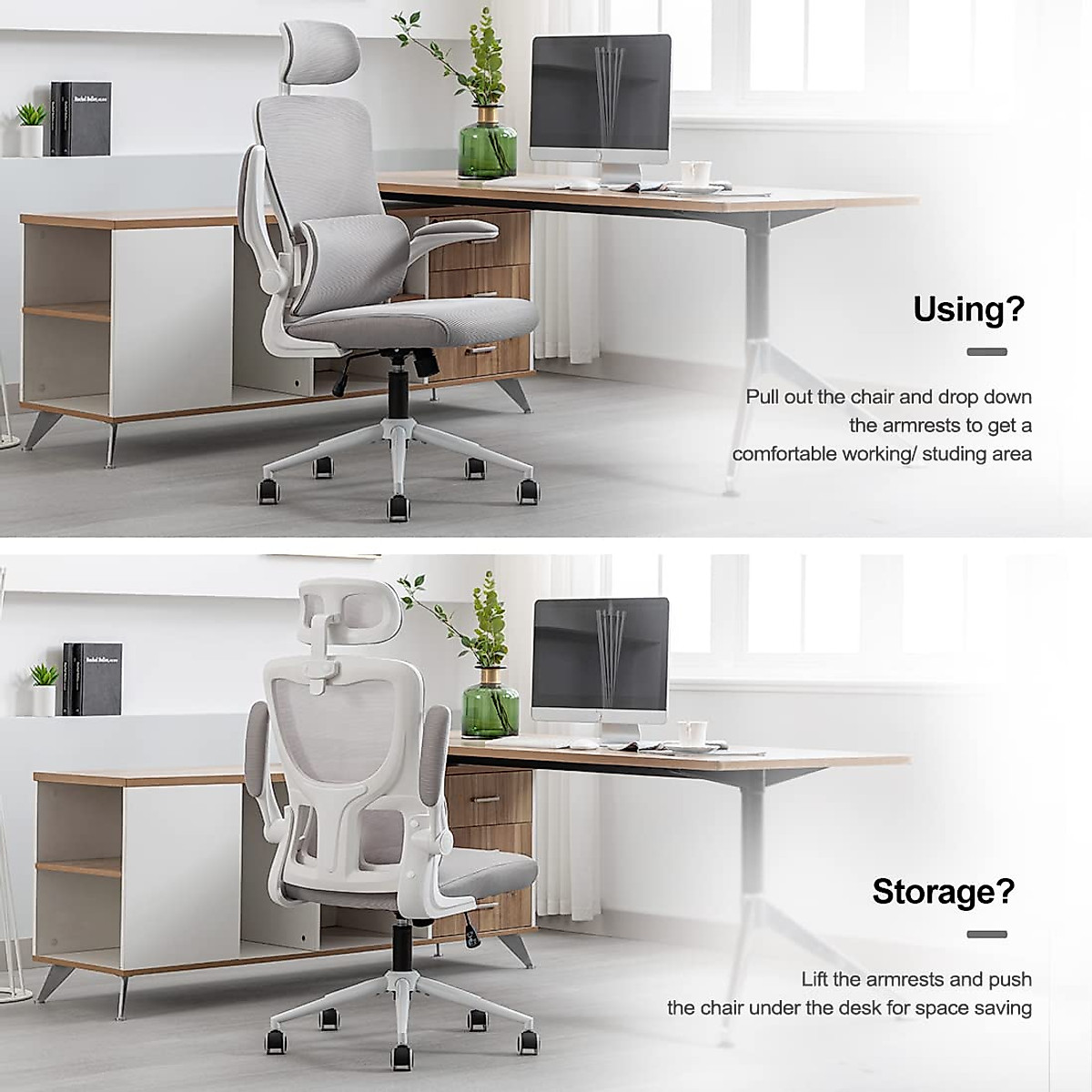 Office Chair Height-adjustable Ergonomic Desk Chair with Self-adaptive Lumbar Support Breathable Mesh Computer Chair High Back Swivel Task Chair with Adjustable Headrest and Flip-up Armrests - Grey