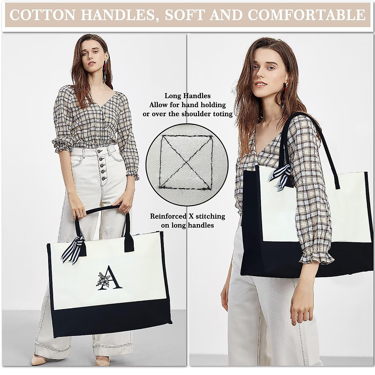 YOOLIFE Gifts for Friends Female - 16oz Canvas Initial N Tote Bag for Women with Pocket Tote Bag Personalized Gifts for Bridesmaids Friends Mom Sister Wedding Birthday Gifts Grocery Bag Gifts Bag