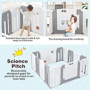 Costzon Baby Playpen, 14-Panel Extra Large Playpen for Babies and Toddlers, Foldable Activity Play Center with Safety Gate, Whiteboard, Indoor and Outdoor Baby Fence NO Gaps for Boys Girls