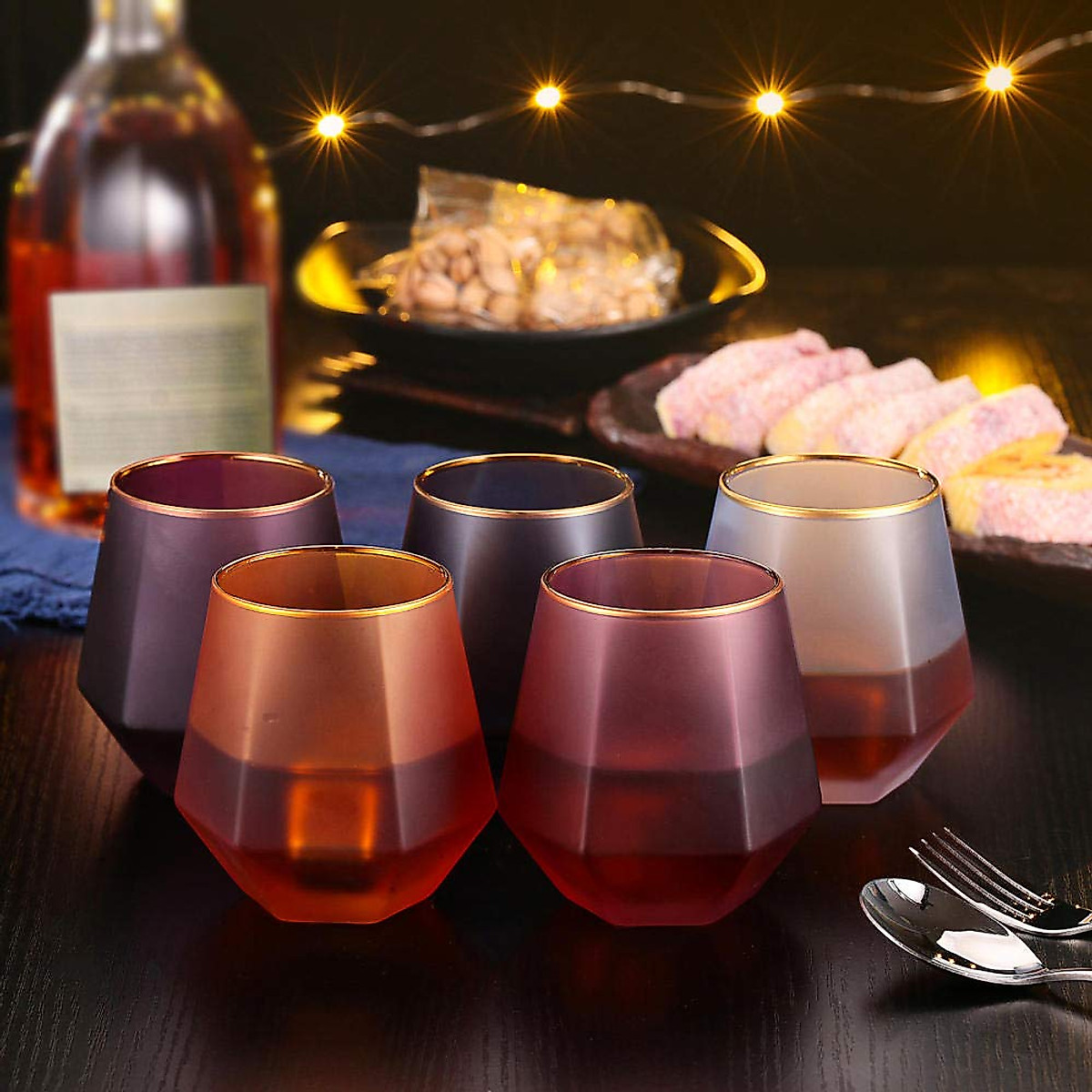 HUHUXIAOWU Matte Whiskey Glasses, Elegant Hexagon Gold Edge Plated Wine Glasses Cocktails Tumblers for Bourbon, Scotch Whisky, Cocktails, Cognac Set of 2 -Purple_10oz