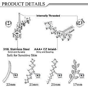 FIBO STEEL 4 Pcs 16G Cartilage Stud Earrings for Women Opal CZ Leaf Helix Conch Daith Piercing Jewelry Set Silver-tone