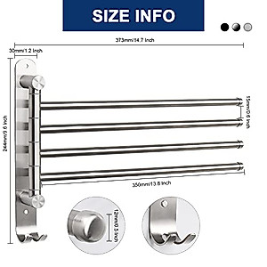 NearMoon Swivel Towel Rack, Thicken SUS304 Stainless Steel 4-Arm Towel Bar, Space Saving Wall Mounted Towel Holder with Hook, Rustproof Swing Out Towel Hanger for Bathroom, Kitchen (Brushed Nickel)
