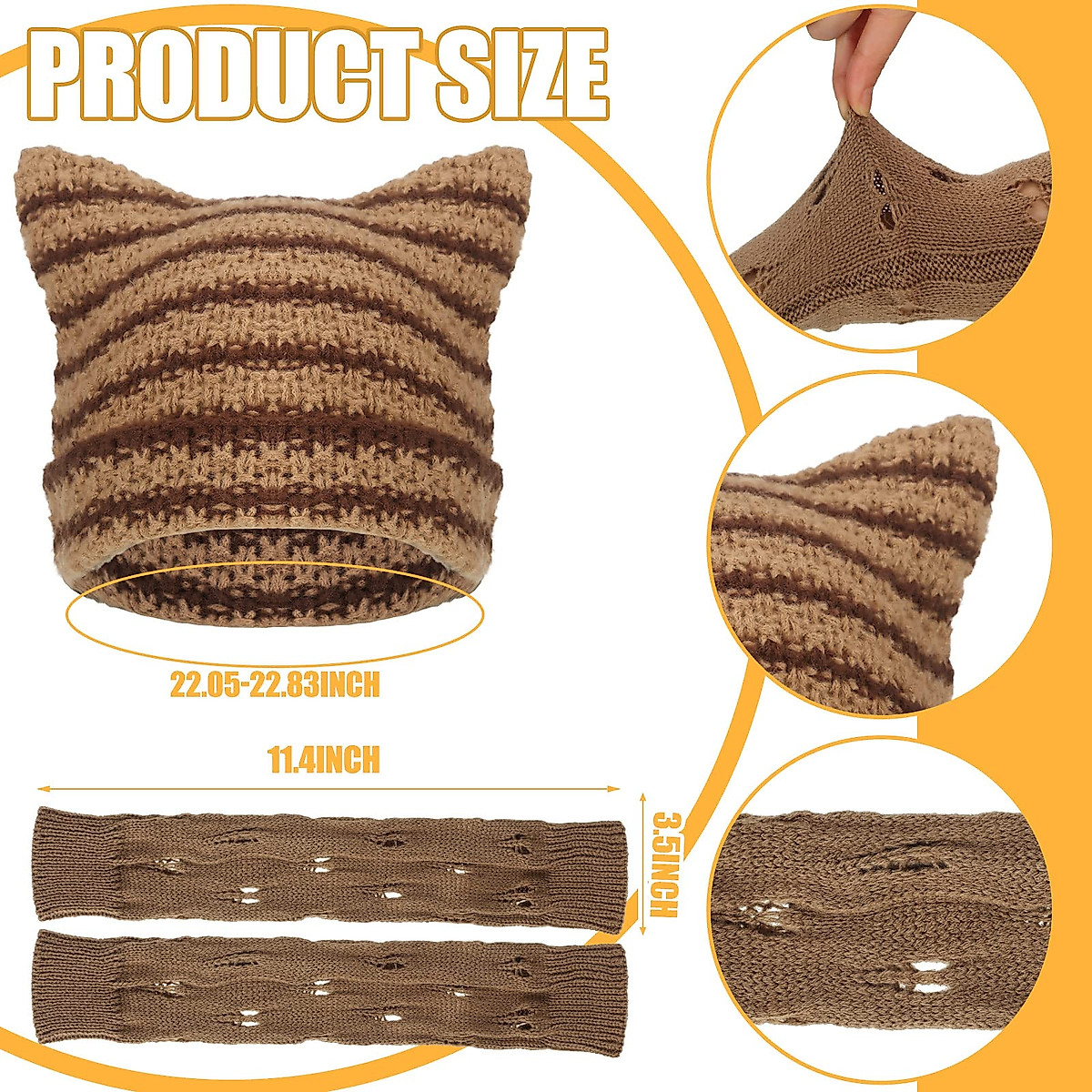 Sureio 25 Pcs Y2K Grunge Knitted Cat Beanie with Fairy Grunge Ripped Gloves Earrings Necklace Rings Devil Horn Grunge Accessories(Brown)