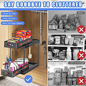 Zubxoal Bathroom Organizer Under Sink, 2 Tier Under Kitchen Sink Organizers and Storage, Under Sink Shelf with 4 Hook, Easy Cleaning Pull Out Bathroom Cabinet Organizers