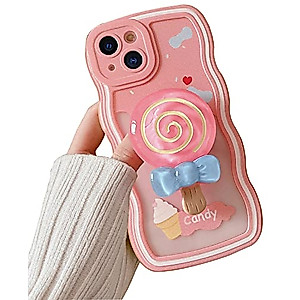 KUMTZO Compatible with iPhone 13 Case, Cute Cream Print Clear Soft TPU Case with Candy Ring Kickstand Camera Protection Shockproof Cover for Women Girls with iPhone 13 6.1 inch (Pink)