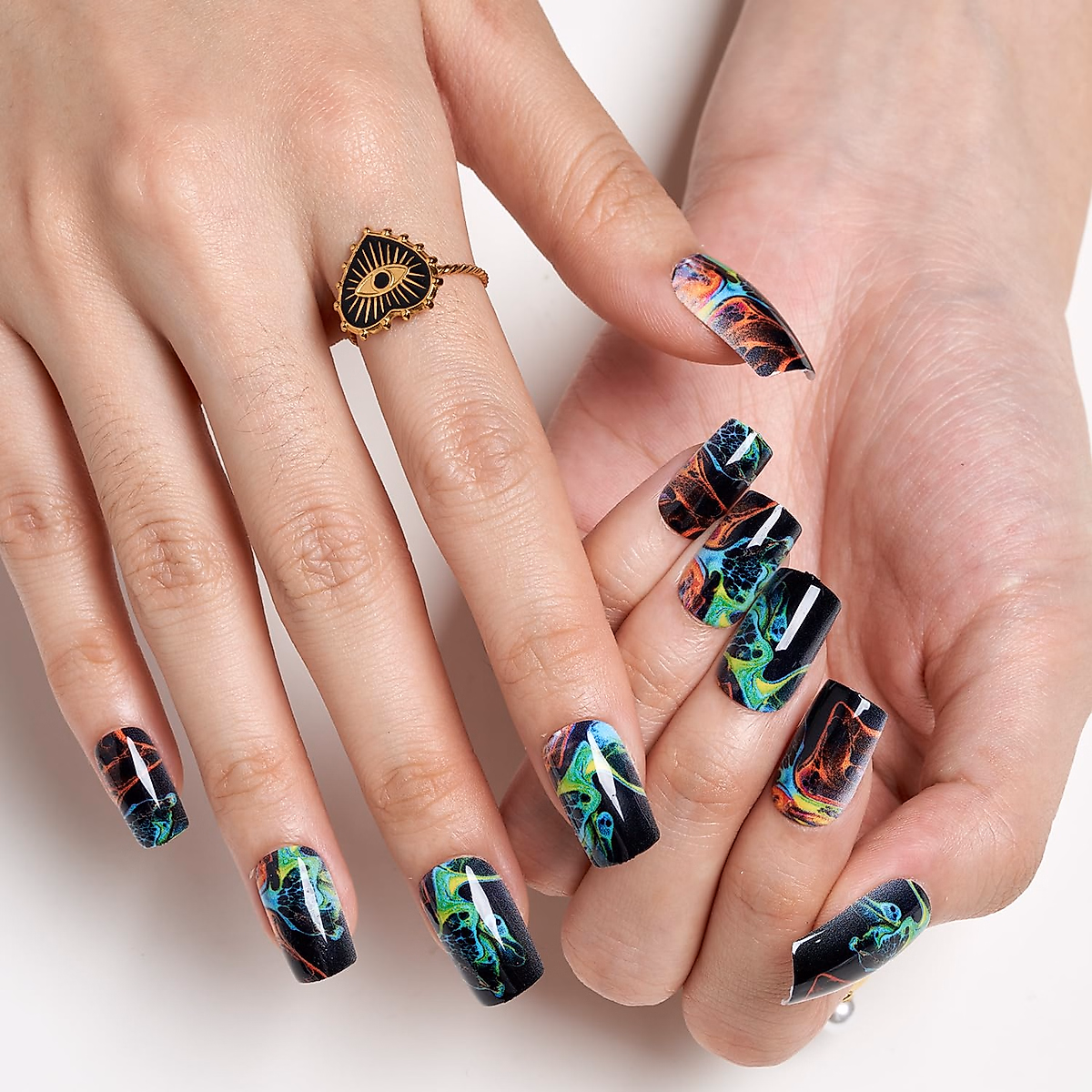 GLAMERMAID Black Press on Nails Medium Square, Tie Dye Gothic Fake Nails Tips Short Square, Ombre Color Oil Paint Glue on Nail Summer Glossy Gel Set, Reusable Acrylic False Nail Manicure Kit for Women