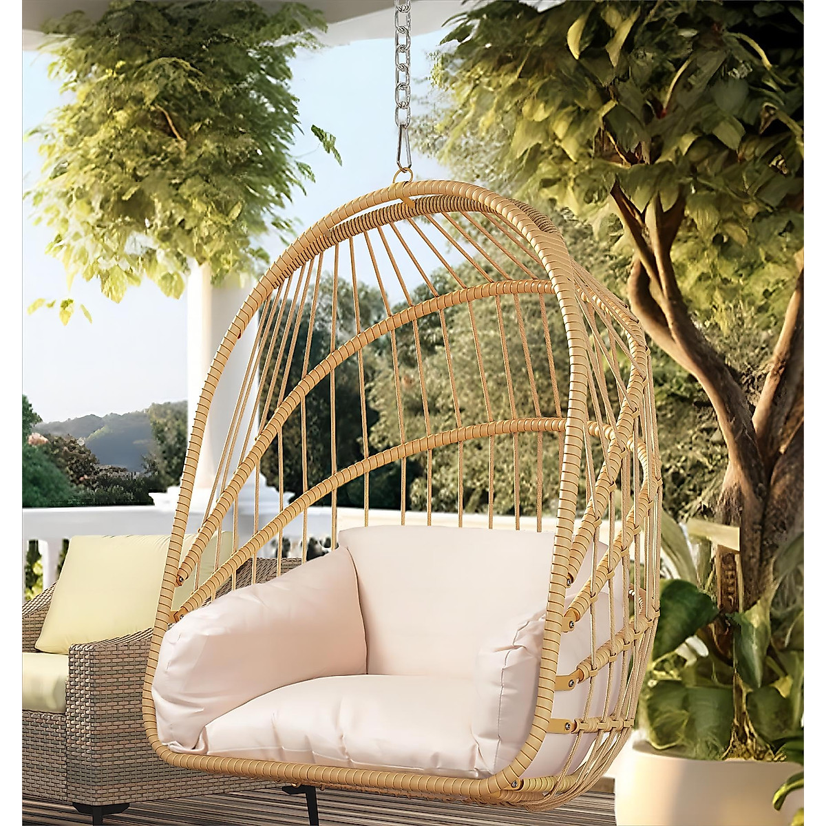 YITAHOME Swing Egg Chair with Cushions 350lbs, Wicker Hammock Chair Foldable Hanging Basket Chair W/O Stand for Outdoor, Indoor, Patio, Bedroom - Beige