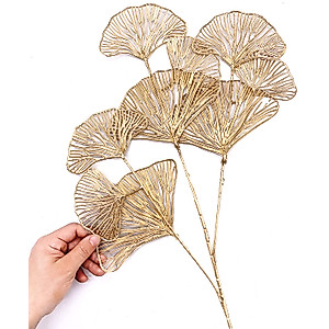 Artificial Golden Plants for Christmas Decoration Ginkgo Leaves Tall 27 Inch, Fake Plant Gold Apricot Leaf Bushes Faux Shrubs Indoor Outdoor Planter Vase Filler Home Garden Wedding Xmas Decor - 2 Pack
