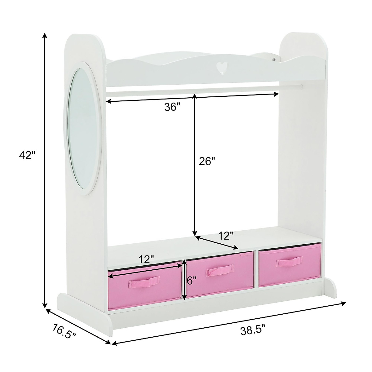 RELIANCER Kids Armoire Dress-Up Closet w/Mirror,Open Hanging Wardrobe w/Clothes Rack,Toddlers Pretend Play Costume Storage Dresser,Children Costume Organizer Center for Nursery Girl Bedroom Playroom