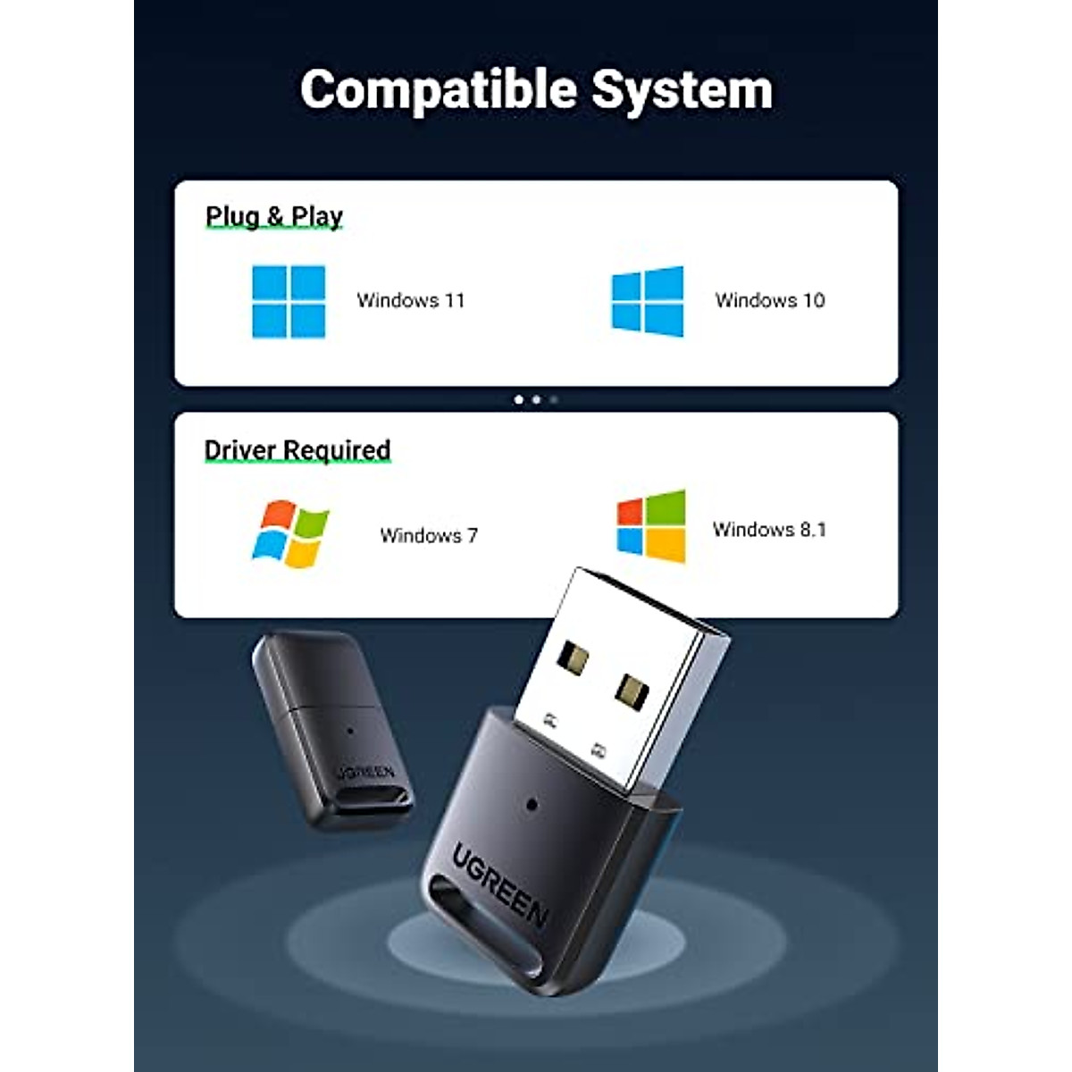 UGREEN USB Bluetooth Adapter for PC Bluetooth 5.0 Dongle Receiver Support Windows 11/10/8.1/7 Desktop Laptop Compatible with Headphones Printer Speaker Mouse Keyboard PS4/ Xbox Controllers