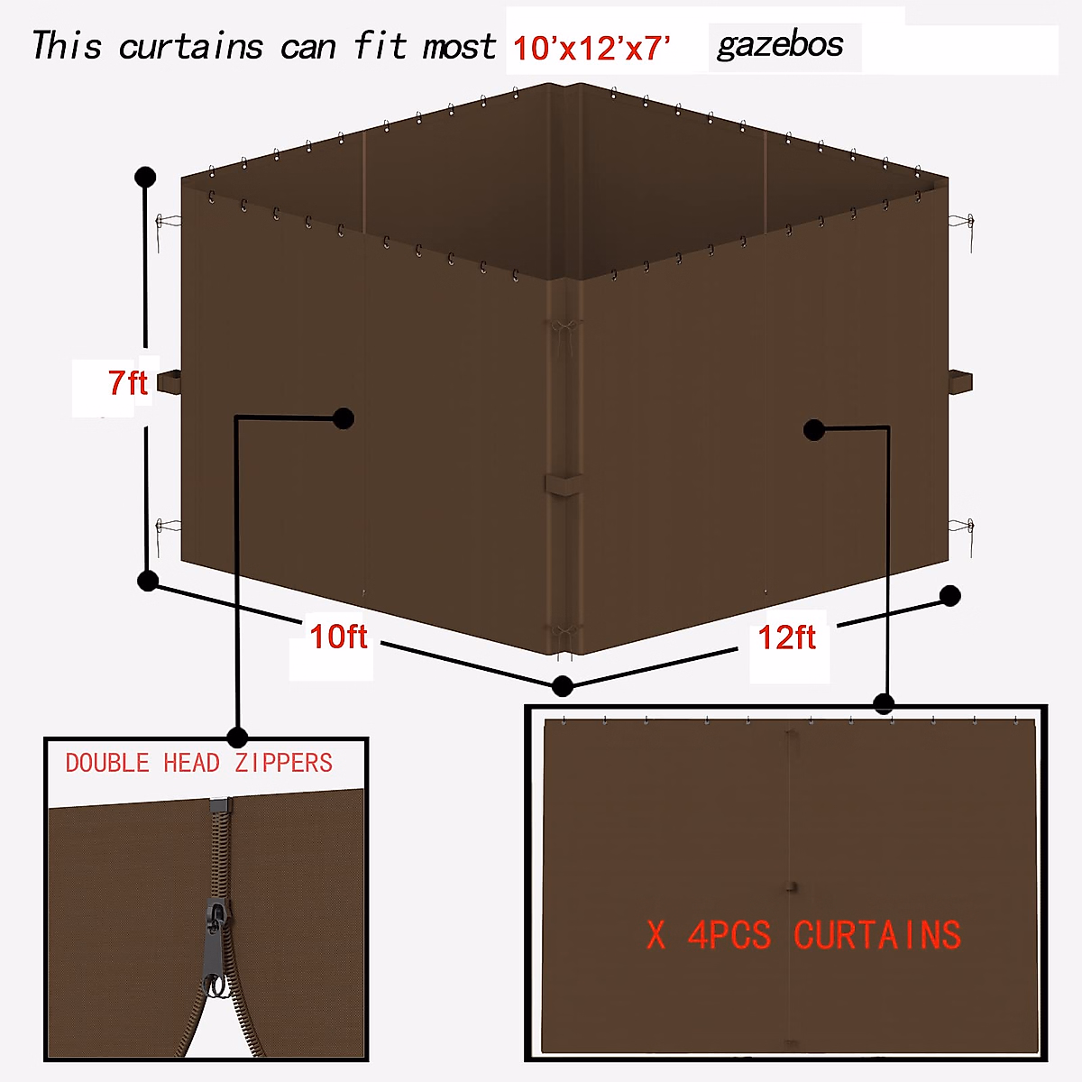 Garden Sunny10'x12' Replacement Gazebo Curtains for Outdoor Waterproof Privacy Sidewall,Universal Shade Curtains Set,Protecting Side Walls- 4-Panels (Only Curtains)-Brown (GSAW)