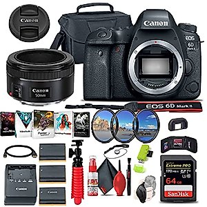 Canon EOS 6D Mark II DSLR Camera (Body Only) (1897C002), Canon EF 50mm Lens, 64GB Memory Card, Case, Filter Kit, Photo Software, LPE6 Battery, Flex Tripod + More (Renewed)