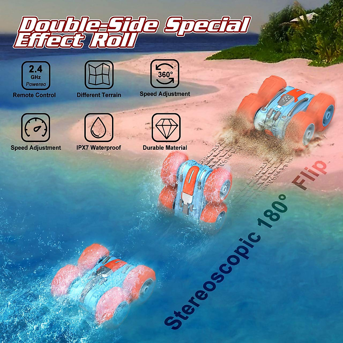 Fixget Amphibious Remote Control Car for Kids, 2.4GHz Waterproof Off Road Truck Toys, 4WD Electric Double Sides RC Stunt Boat Gifts for 6+ Years Old Boys