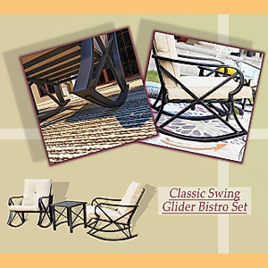 PatioFestival Rocking Chairs Bistro Set Metal Outdoor Furniture Conversation Set with Coffee Table&Thick Cushions for Backyard,Lawn,Porch,Poolside (3PCs, Khaki)