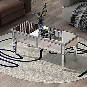 OPTOUGH Modern Glass Mirrored Coffee Table with 2 Drawers, Cocktail Platform with Crystal Handles and Adjustable Height Legs for Living Room, Silver